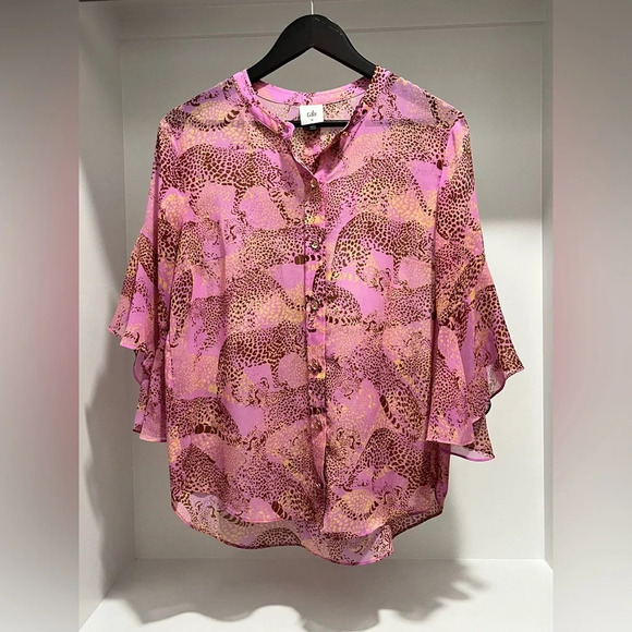 CAbi | Tops | Cabi Minx Blouse Leopard Print Pink Sheer Bell Flutter ...